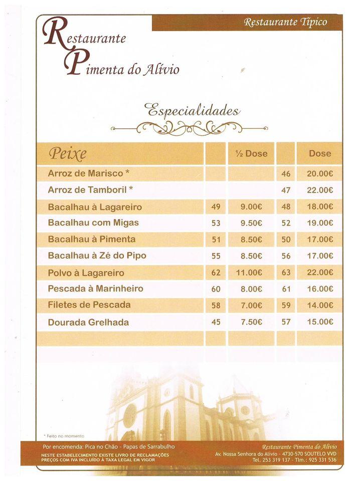 Menu at Café Restaurante Pimenta do Alivio, Braga