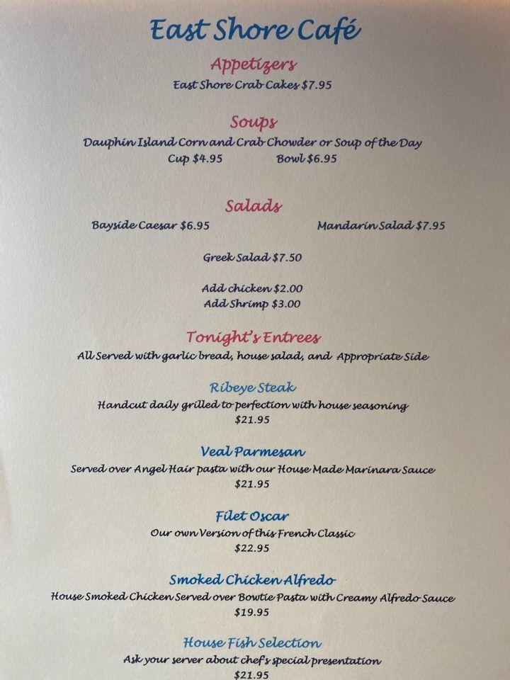 Menu at East Shore Cafe, Daphne