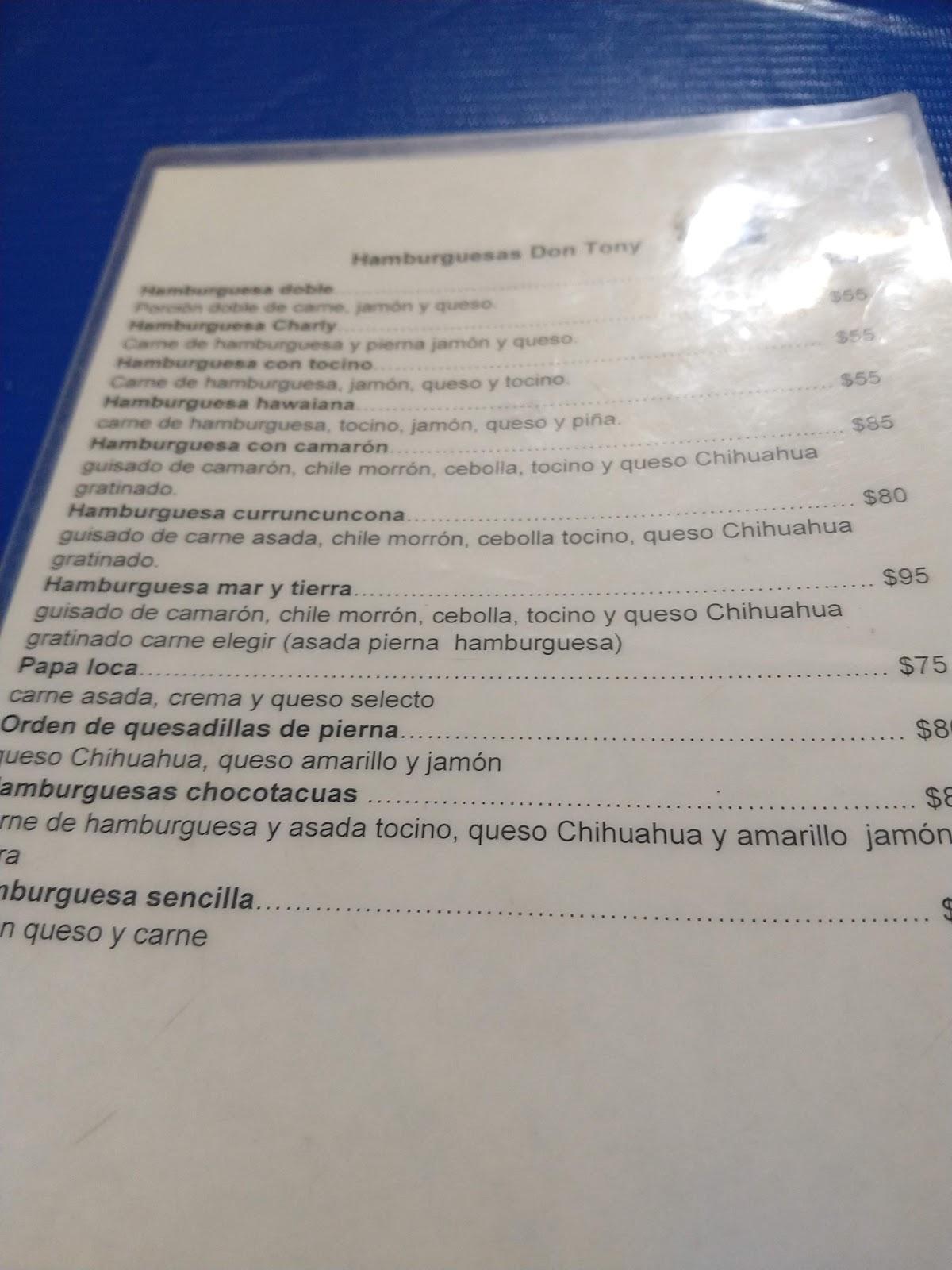 Menu at Tony's Burgers restaurant, Mazatlán, De Las Torres 100