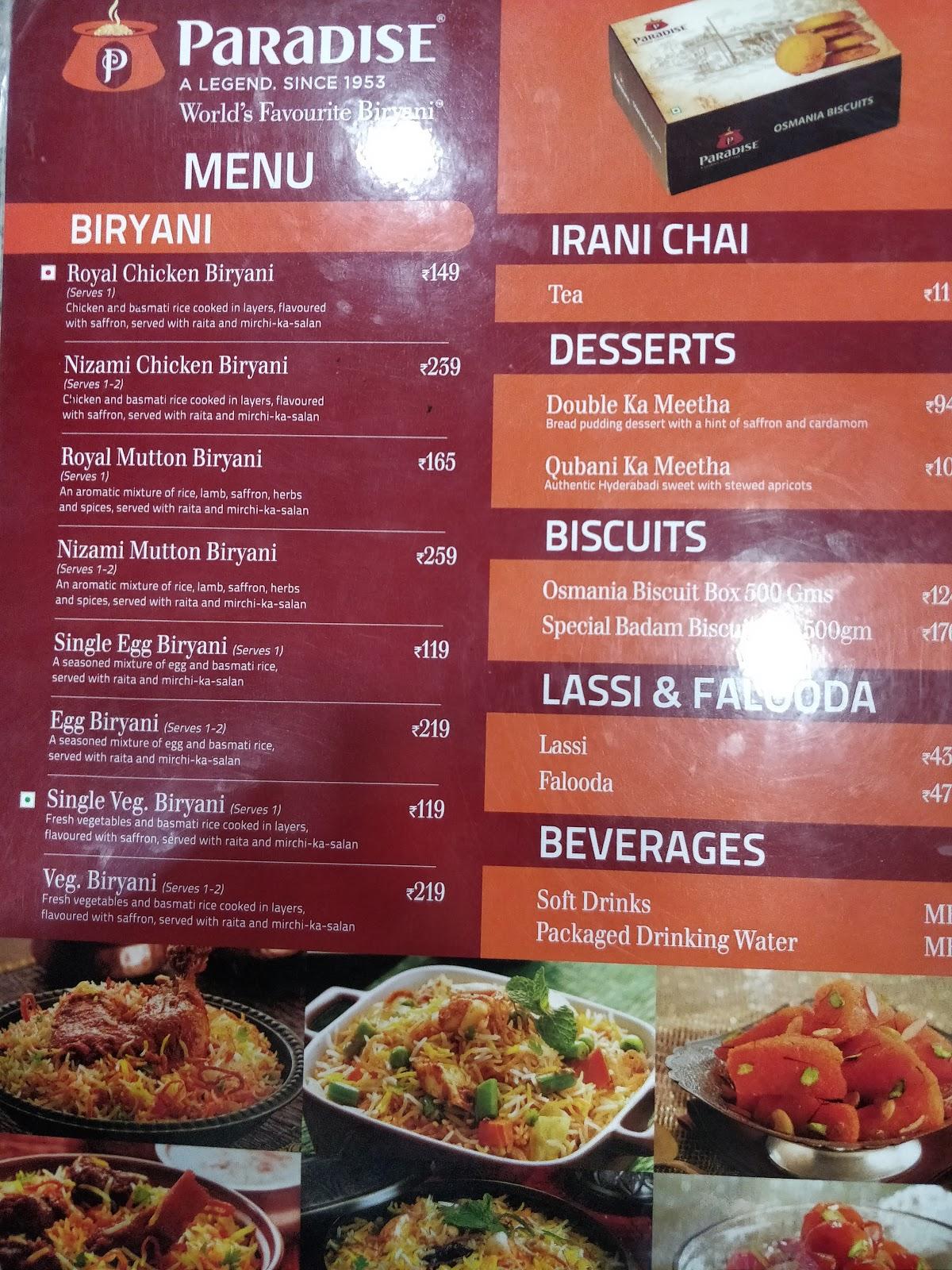 Menu at Paradise Biryani MGBS, Hyderabad, Bus Stand
