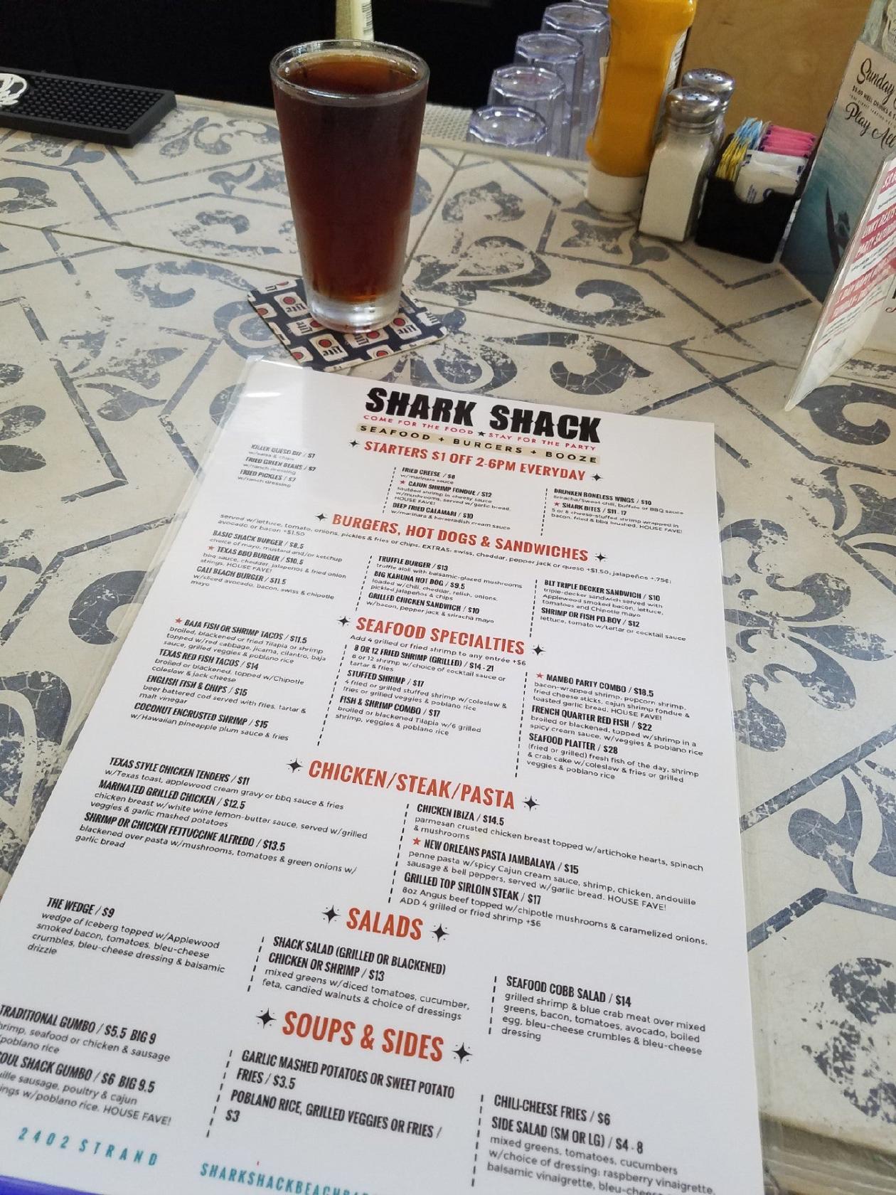 Menu at Shark Shack restaurant, Galveston