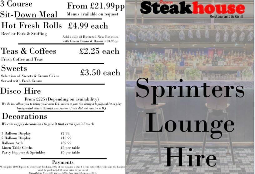 Menu at Sprinters Premier Steakhouse, Nottingham
