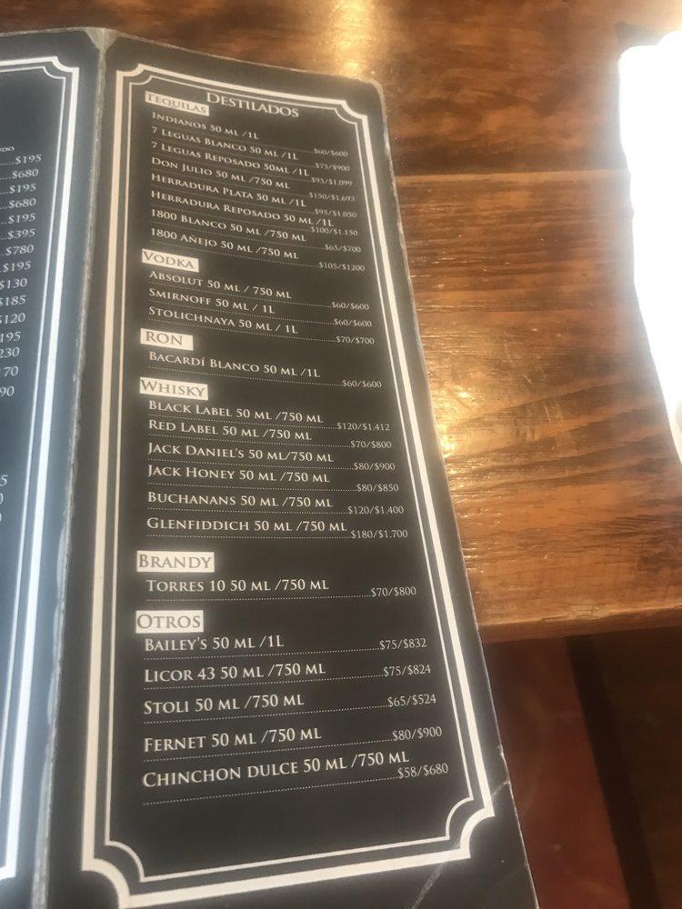 Menu at Sudestada steakhouse, Guadalajara