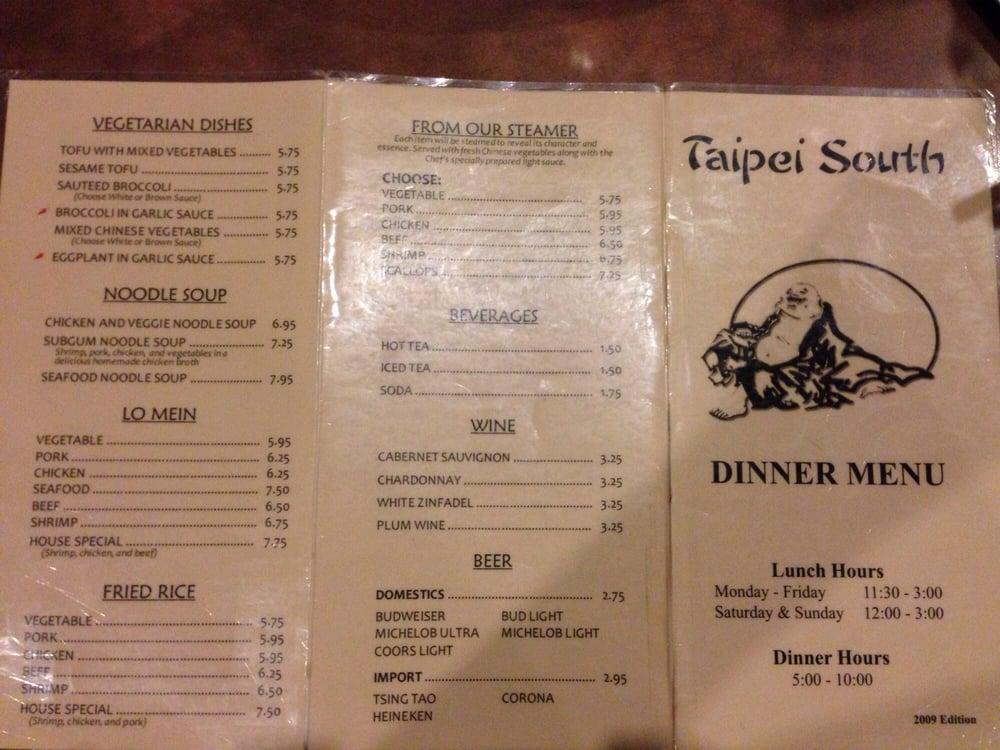 Menu at Taipei South restaurant, Charlotte