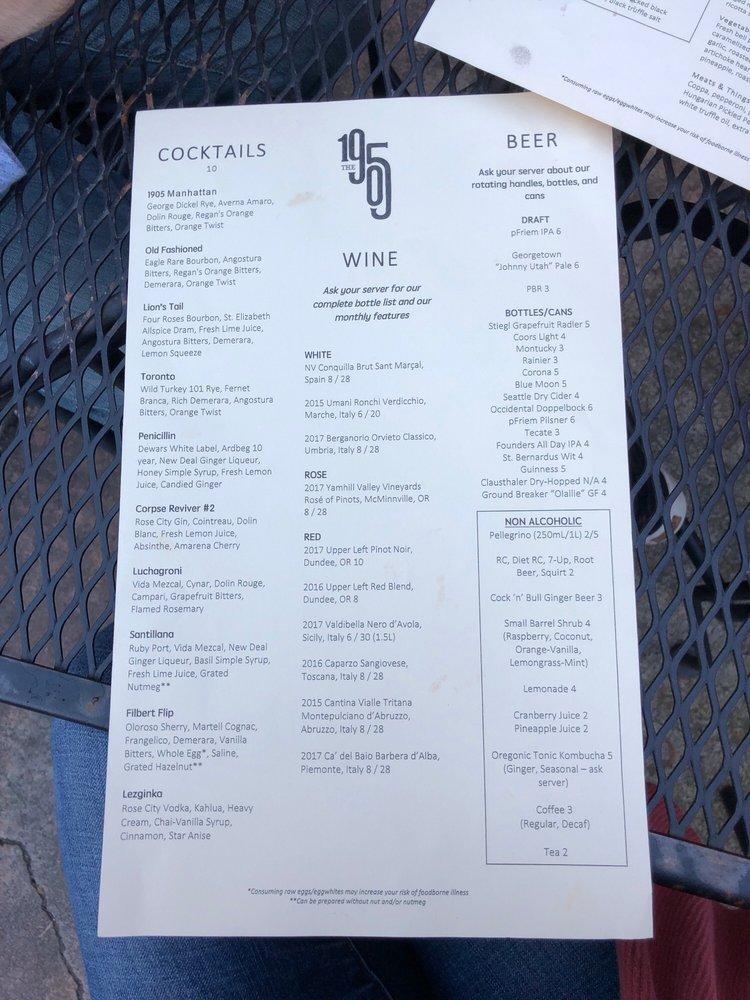 Menu at The 1905 pub & bar, Portland