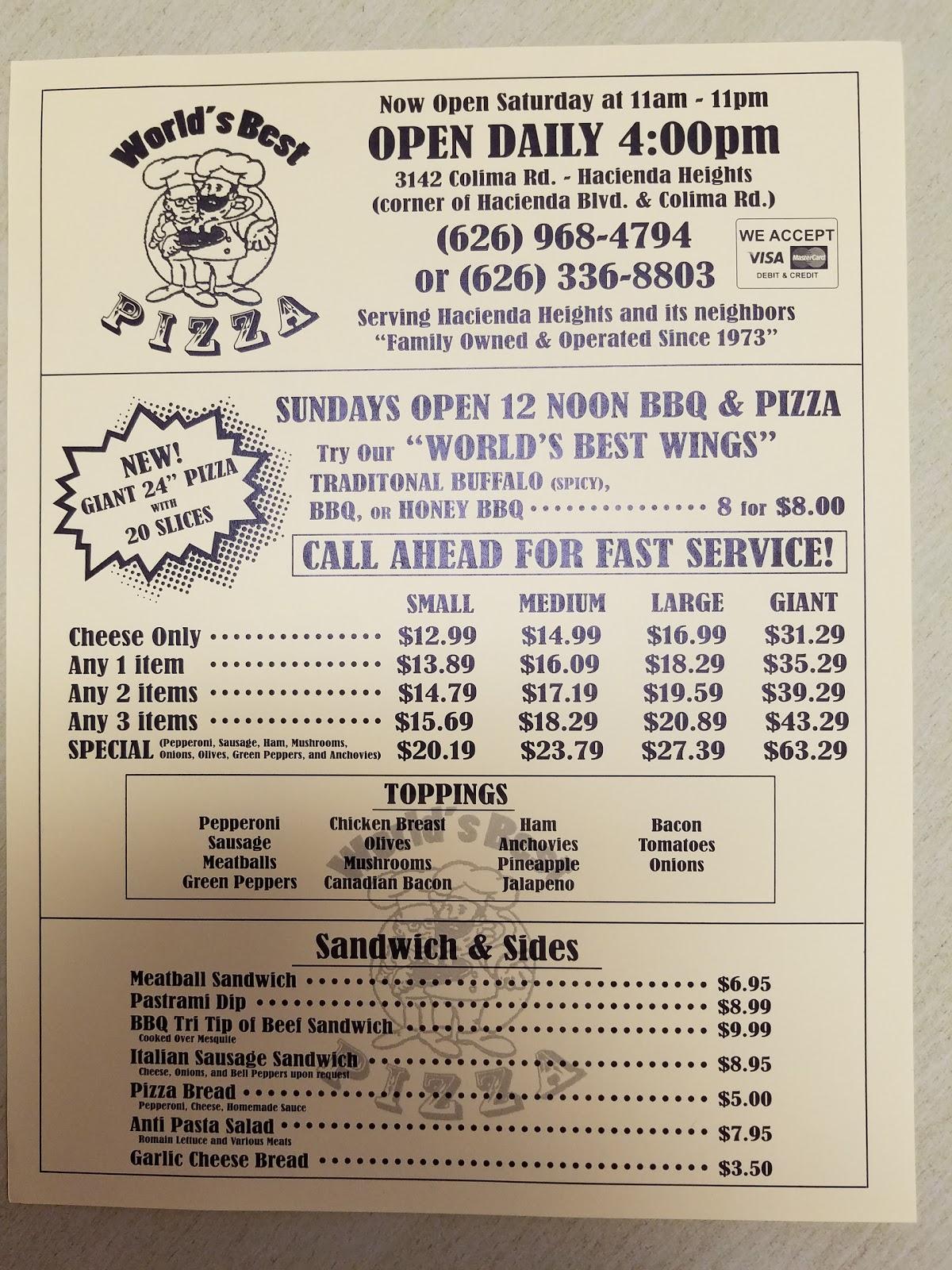 Menu at World's Best Pizza pizzeria, Hacienda Heights