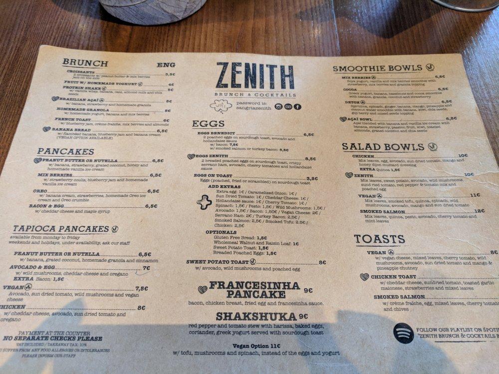 Menu at Zenith - Brunch & Cocktails Bar, Porto, Praça de Carlos Alberto 86