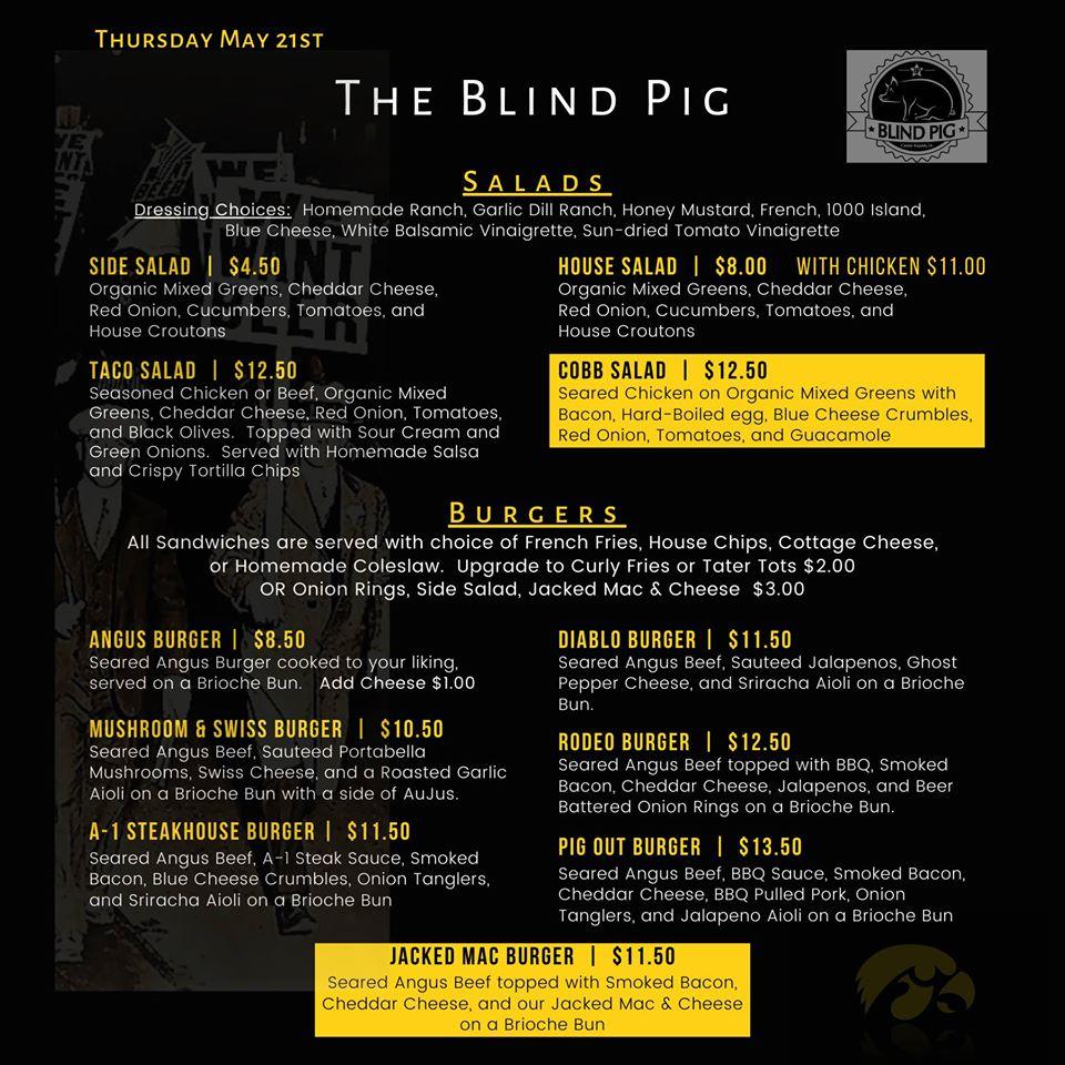 Menu at The Blind Pig pub & bar, Cedar Rapids