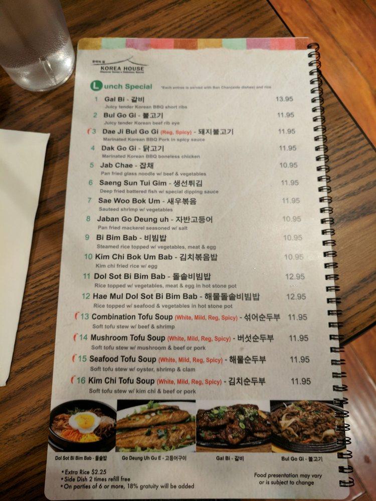 Menu at Korea House restaurant, Concord