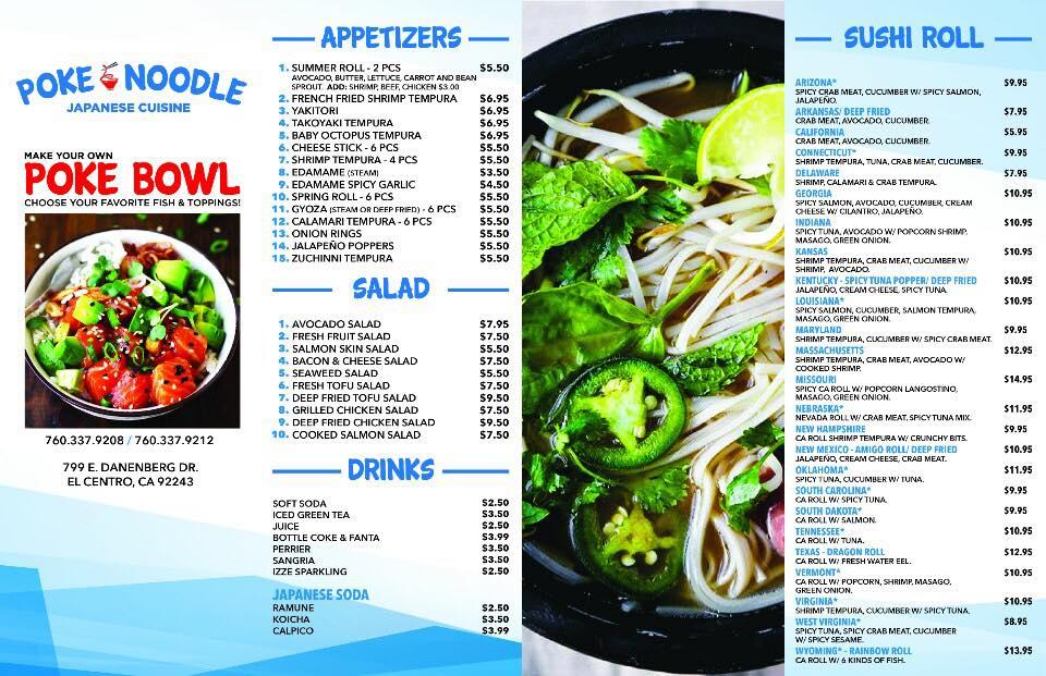 Menu at Poke & Noodle Japanese Cuisine restaurant, El Centro
