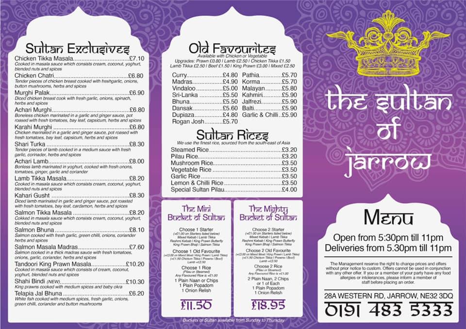 Menu at The Sultan of Jarrow restaurant, Jarrow