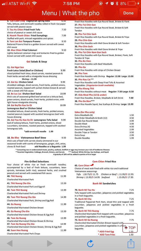 Menu at What the Pho - Canyon Park restaurant, Bothell