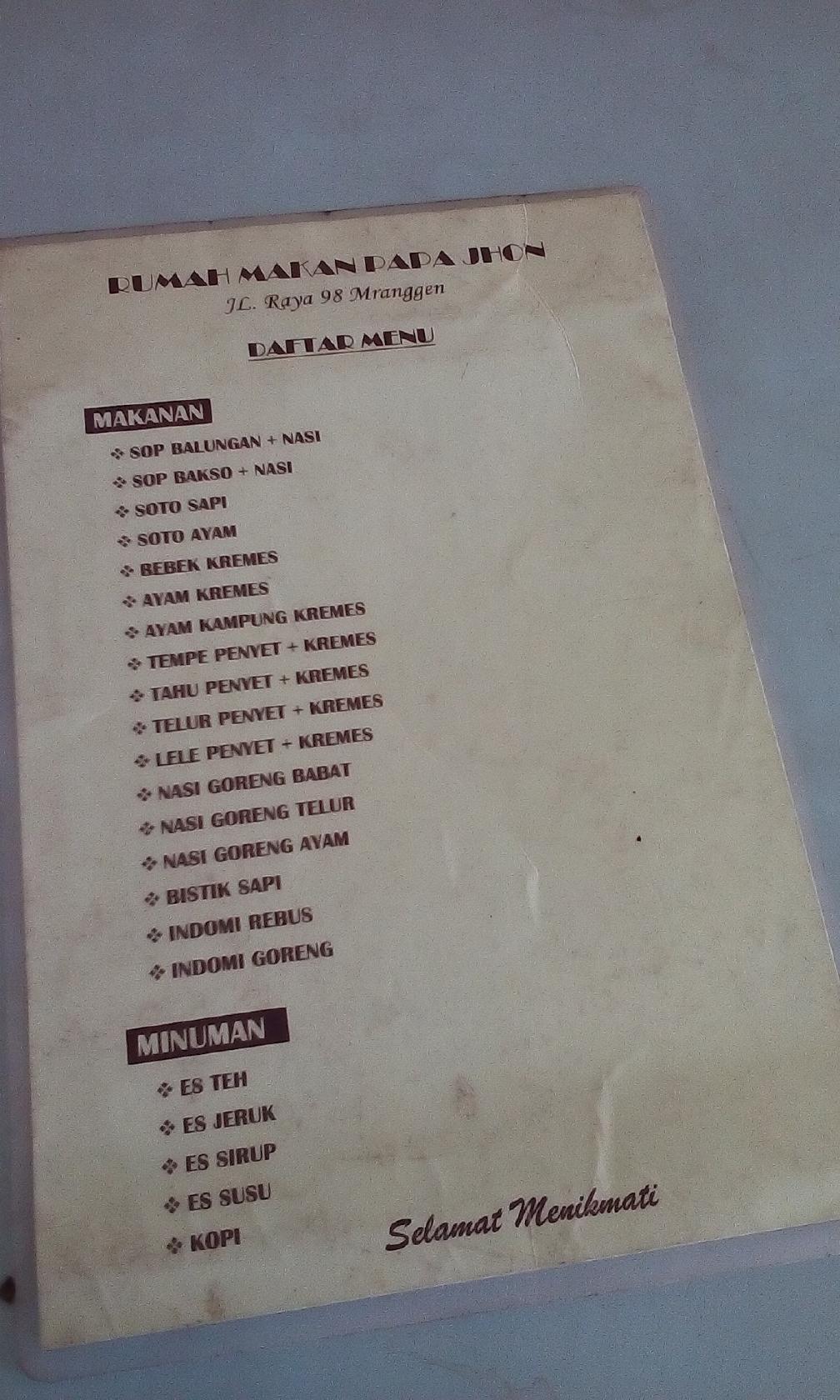 Menu at Ayam Geprek Papa Jhon restaurant, Mranggen