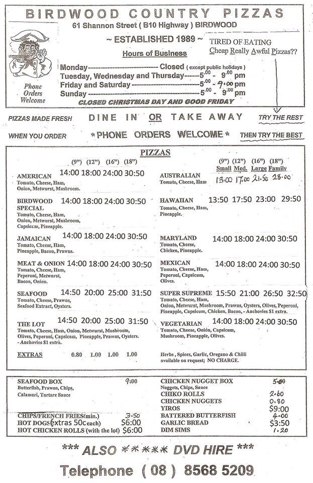 Menu at Birdwood Country Pizza Parlour pizzeria, Birdwood