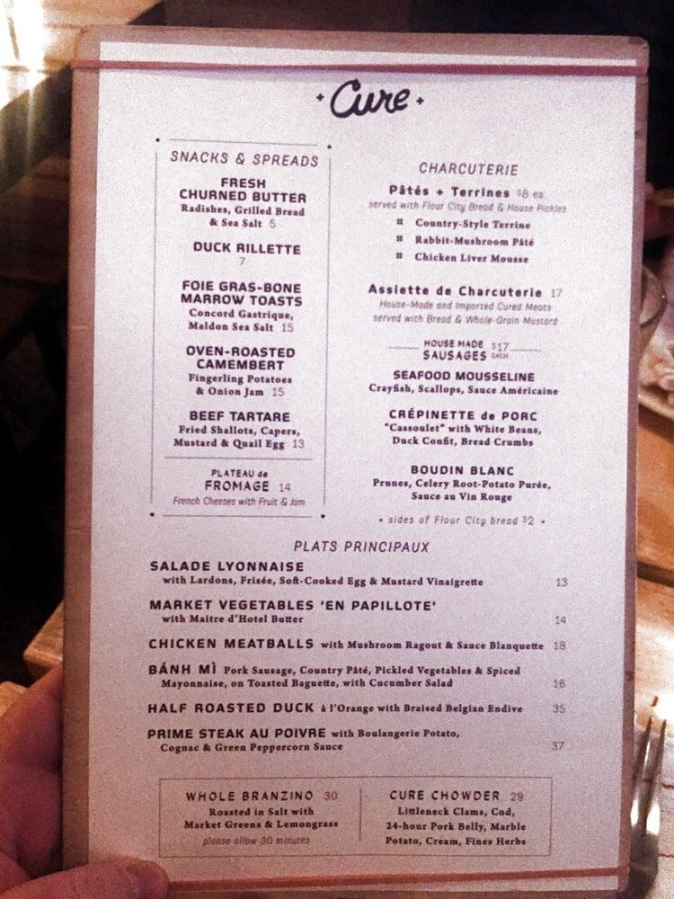 Menu at Cure restaurant, Rochester