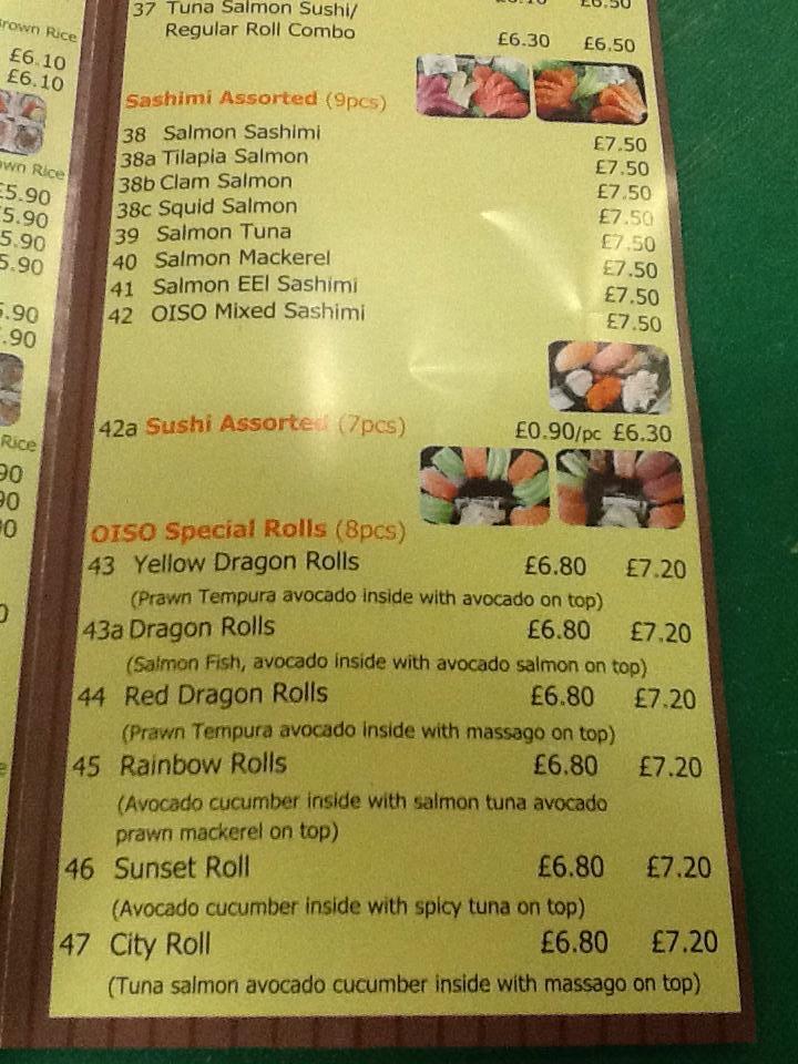 Menu at Iso Sushi restaurant, Belfast