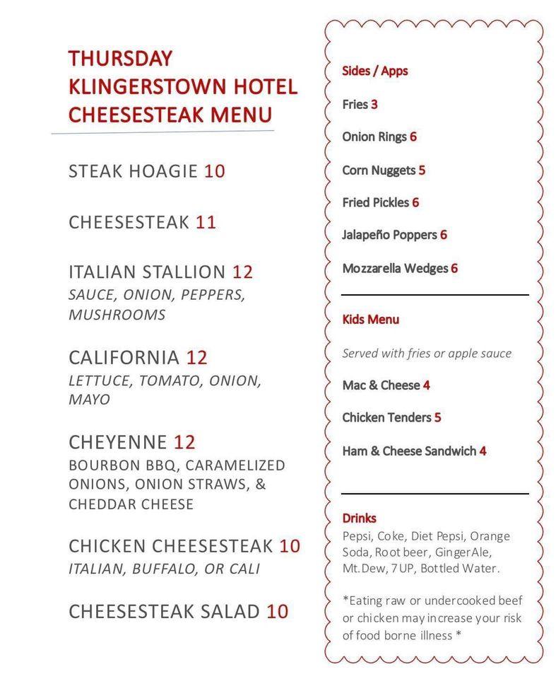Menu at Klingerstown Country Inn pub & bar, Klingerstown