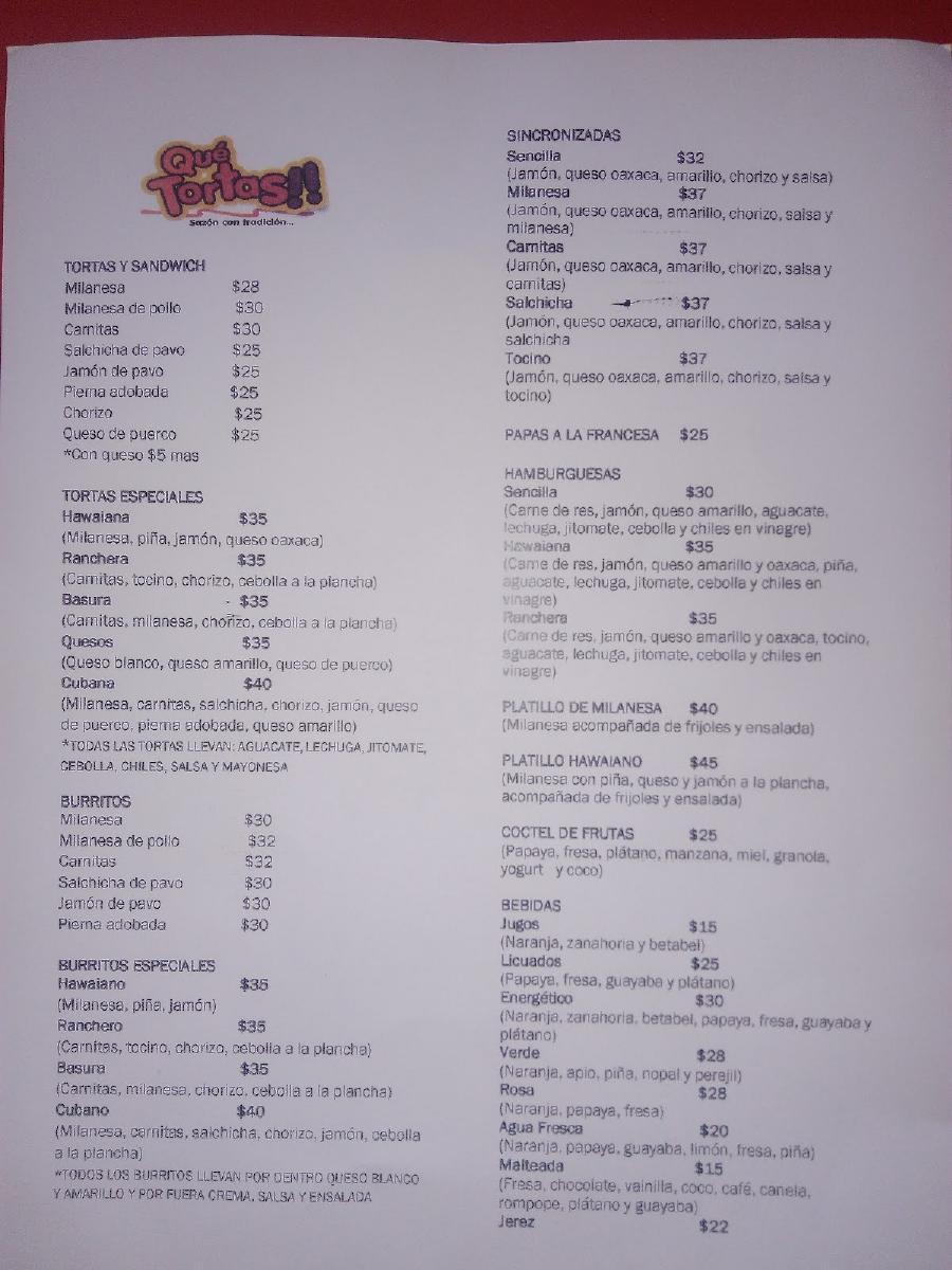 Menu at Qué Tortas!! Sazón con tradición... restaurant, San José Iturbide