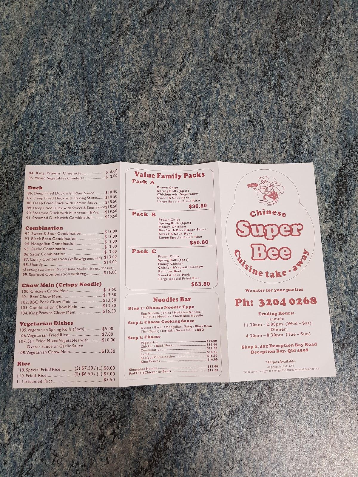 Menu at Super Bee Noodle Bar, Deception Bay