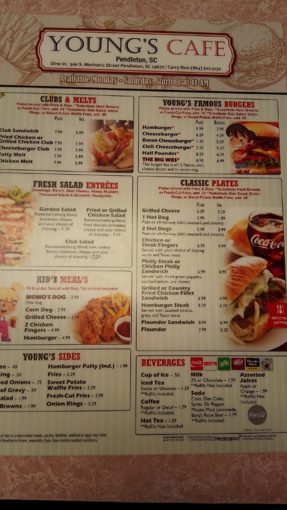 Menu at Young's Cafe, Pendleton