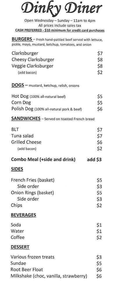 Menu at Dinky Diner restaurant, Clarksburg