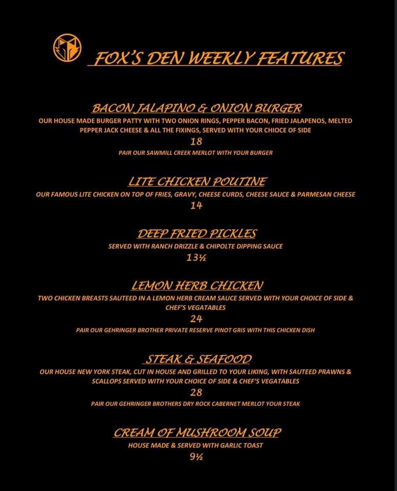 Menu at Fox's Den Bar & Grill, Williams Lake