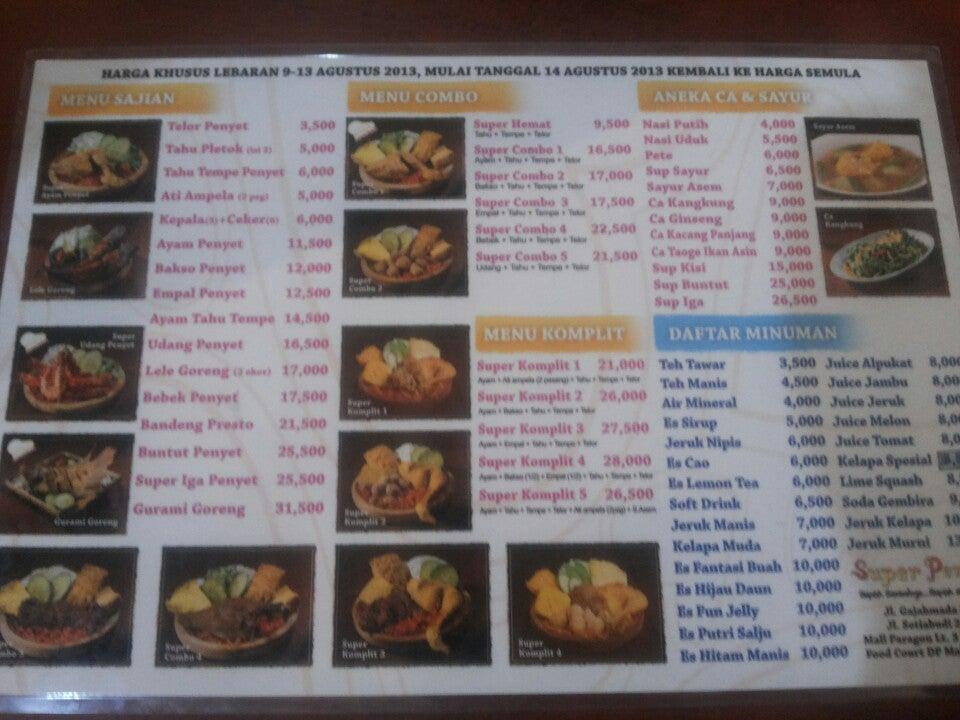 Menu at Super Penyet restaurant, Semarang, Jl. Gajahmada No.87