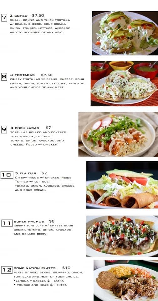 Menu at Tacos Colima restaurant, The Dalles