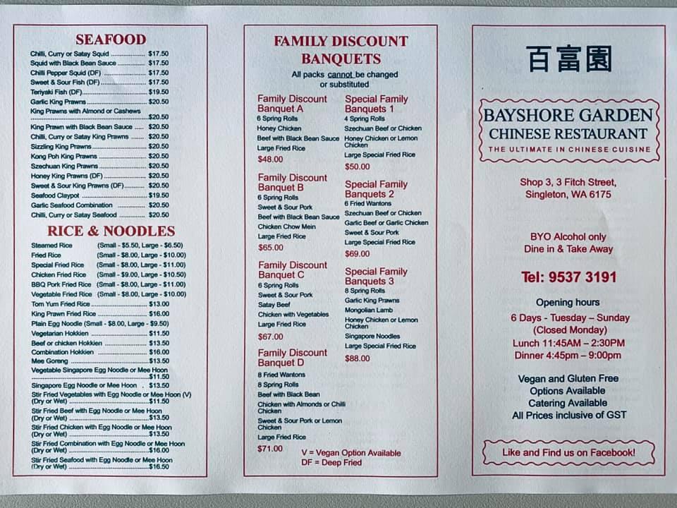 Menu at Bayshore Garden Chinese Restaurant, Singleton
