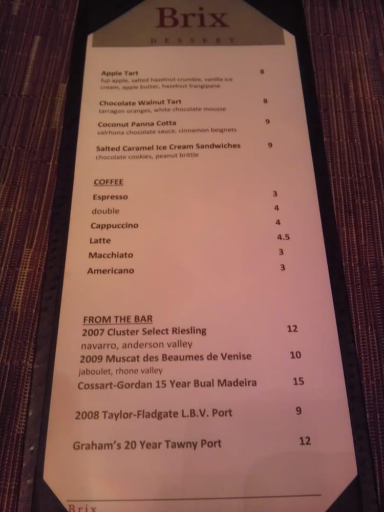 Menu at Brix pub & bar, Yountville