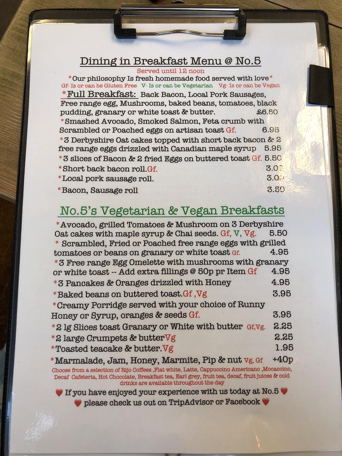 Menu at Eat at No 5 cafe, Buxton