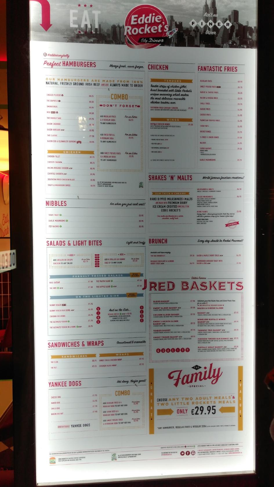 Menu at Eddie Rocket's fast food, Dublin, Unit 4