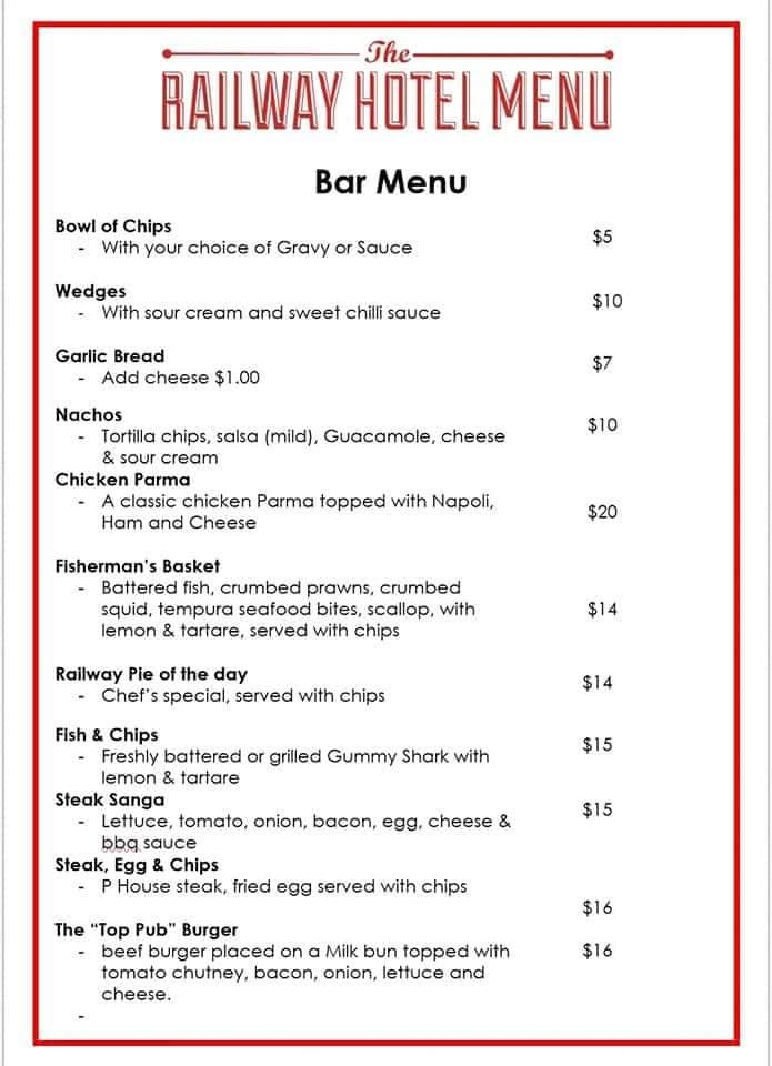Menu at Heyfield Railway Hotel pub & bar, Heyfield