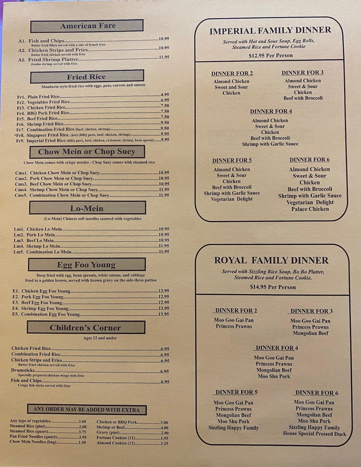 Menu at Imperial Palace restaurant, Roscoe