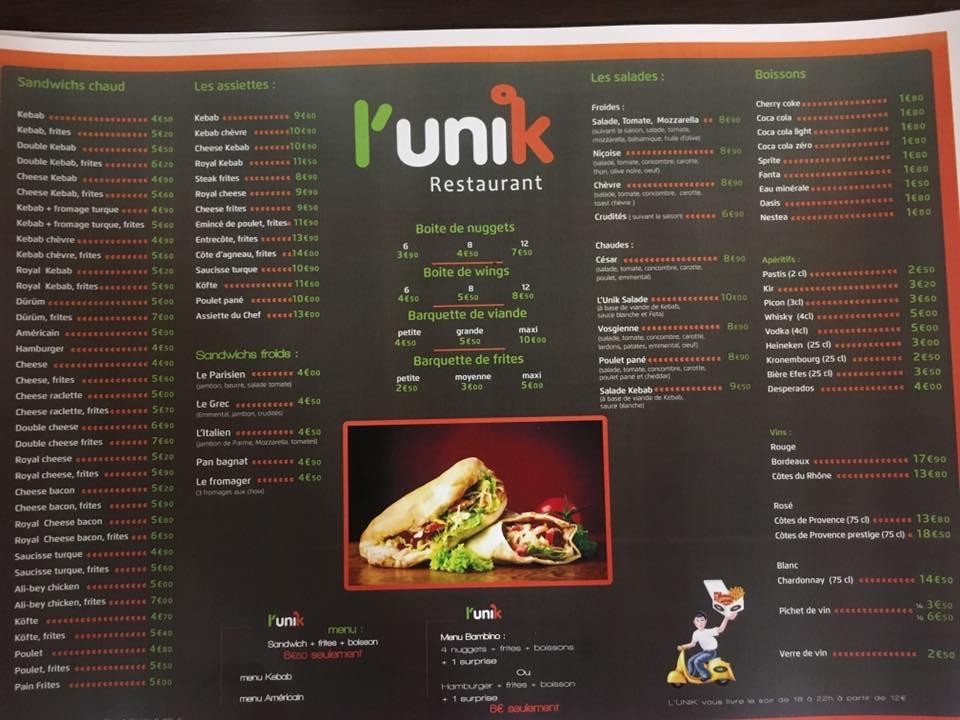 Menu au L'Unik Kebab restaurant, Verdun