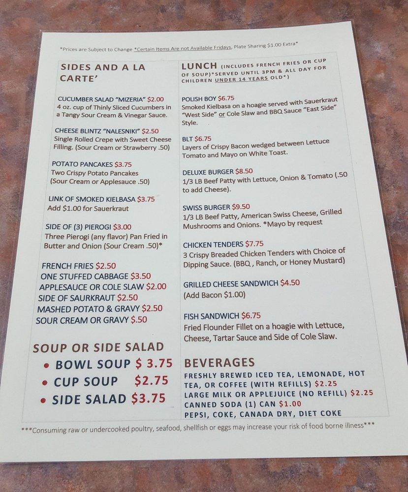 Menu at Little Polish Diner restaurant, Parma