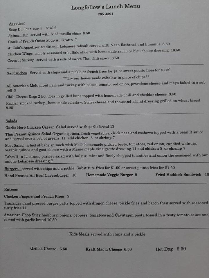 Menu at Longfellow's Restaurant, Kingfield