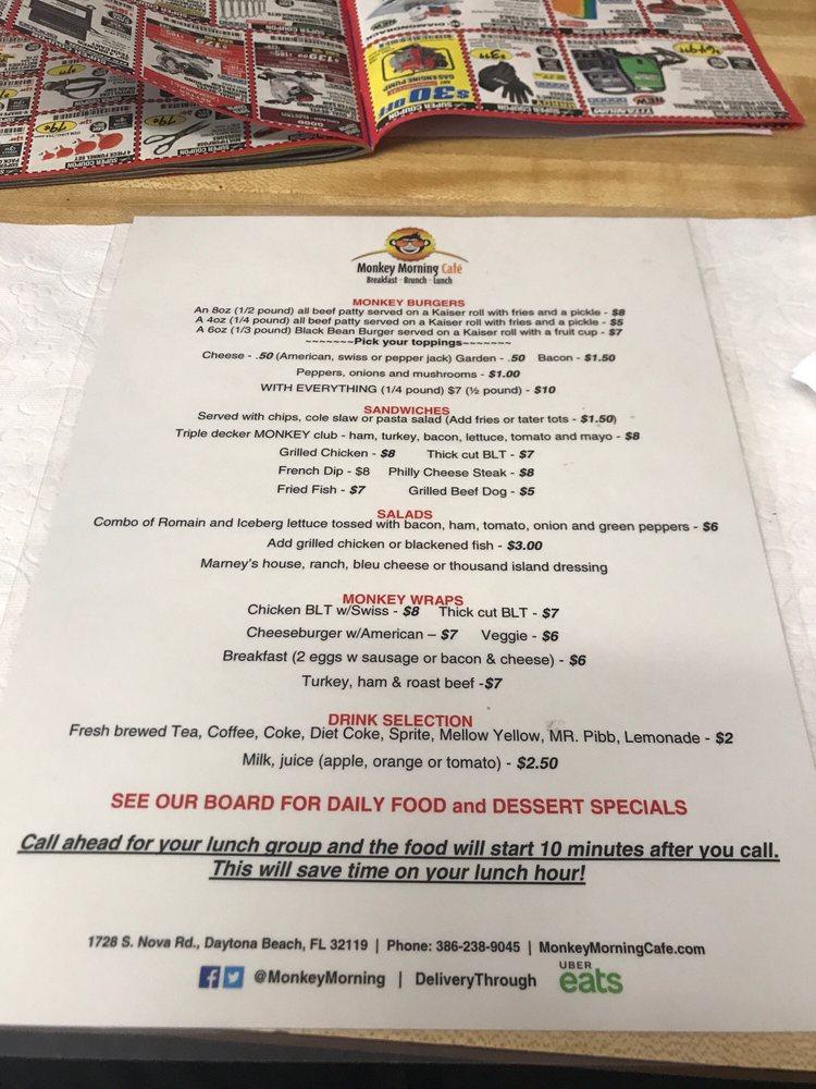 Menu at Monkey Morning Cafe, South Daytona