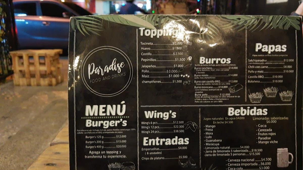 Menu at Paradise Food and Drinks restaurant, Cali