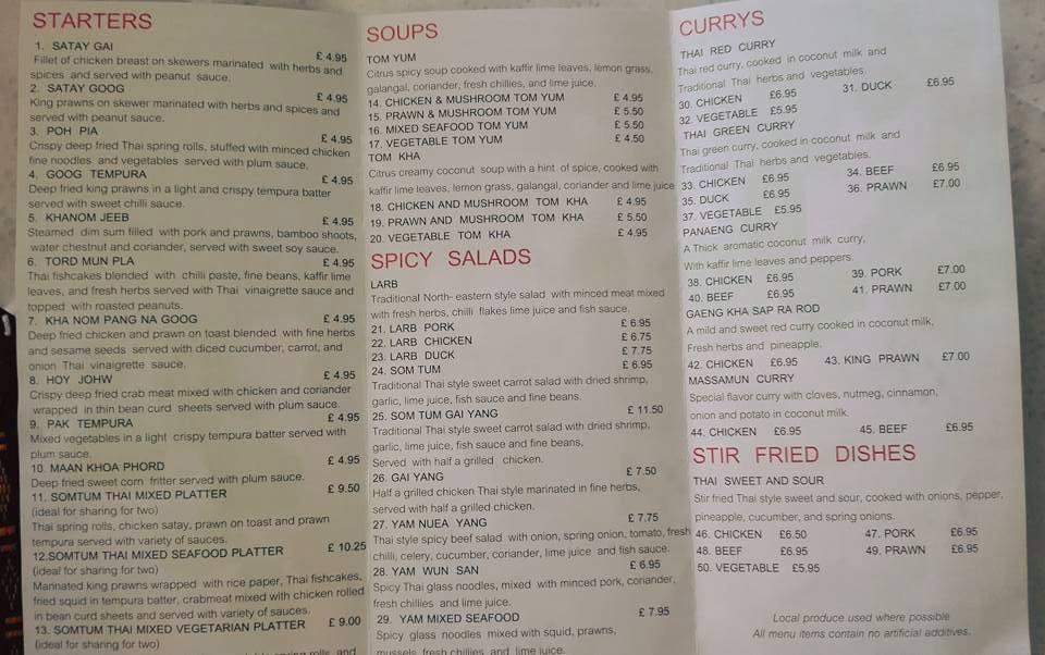 Menu at Somtum Thai restaurant, Bridport