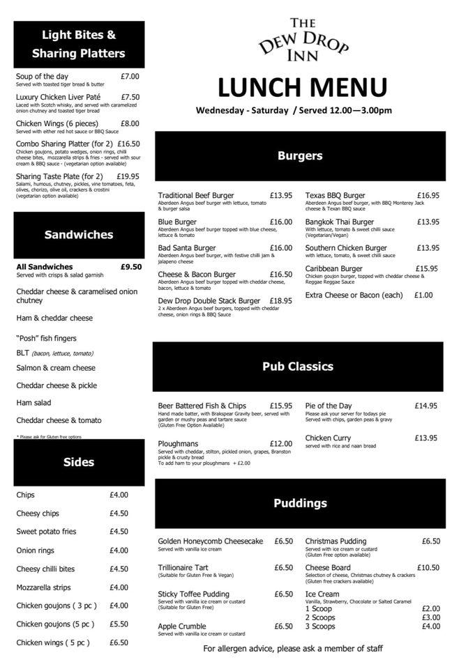 Menu at The Dew Drop Inn pub & bar, Hurley