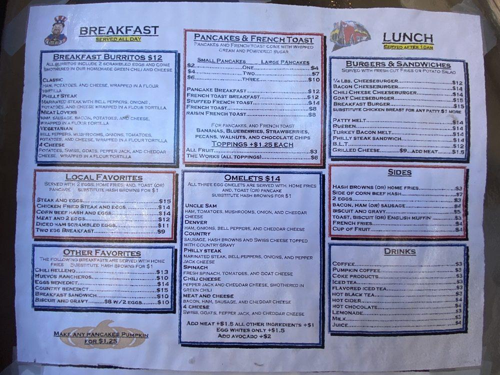 Menu at Uncle Sam's Pancake House restaurant, Manitou Springs