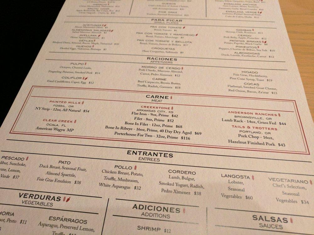 Menu at Capa steakhouse, Orlando, Dream Tree Blvd