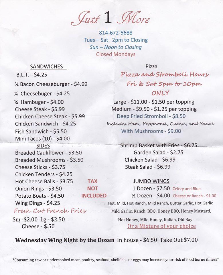Menu at Just 1 More pub & bar, Coalport, Glendale Valley Blvd