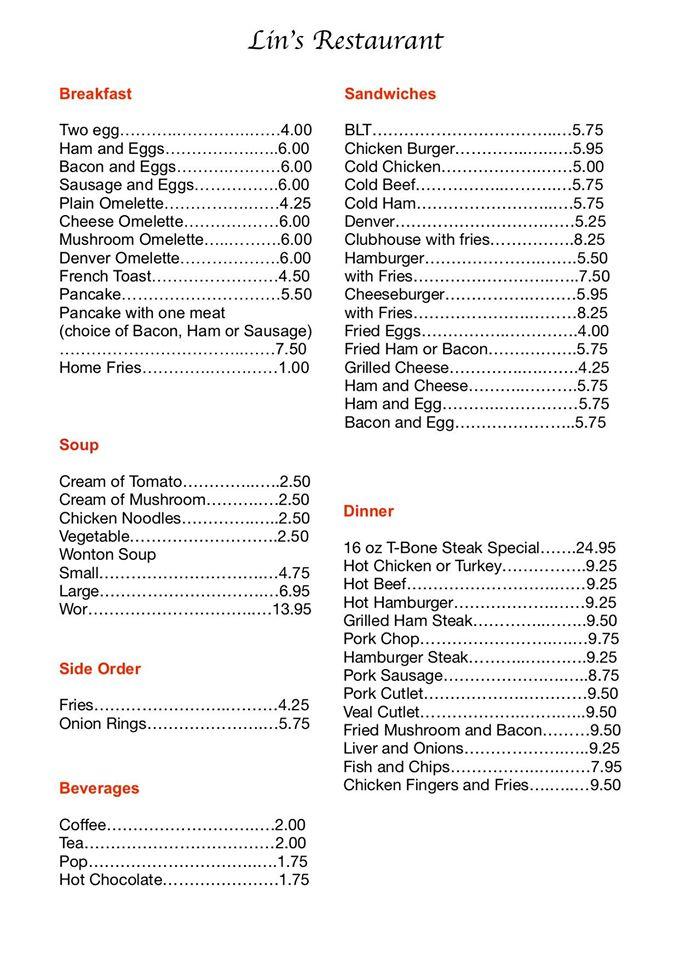 Menu at Lin's Restaurant, Cabri