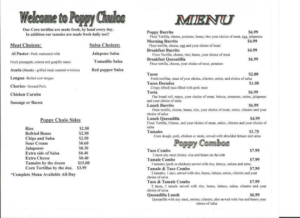 Menu at Poppy Chulos restaurant, Enid