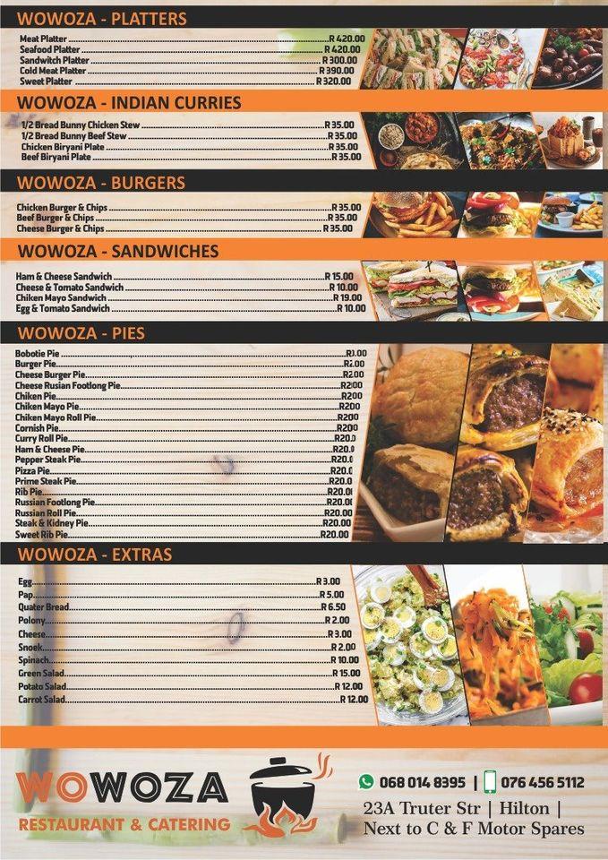 Menu at Wowoza restaurant, Bloemfontein