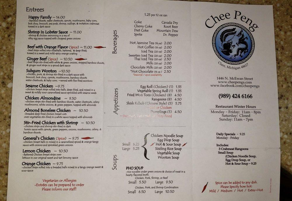 Menu at Chee Peng Clare restaurant, Clare