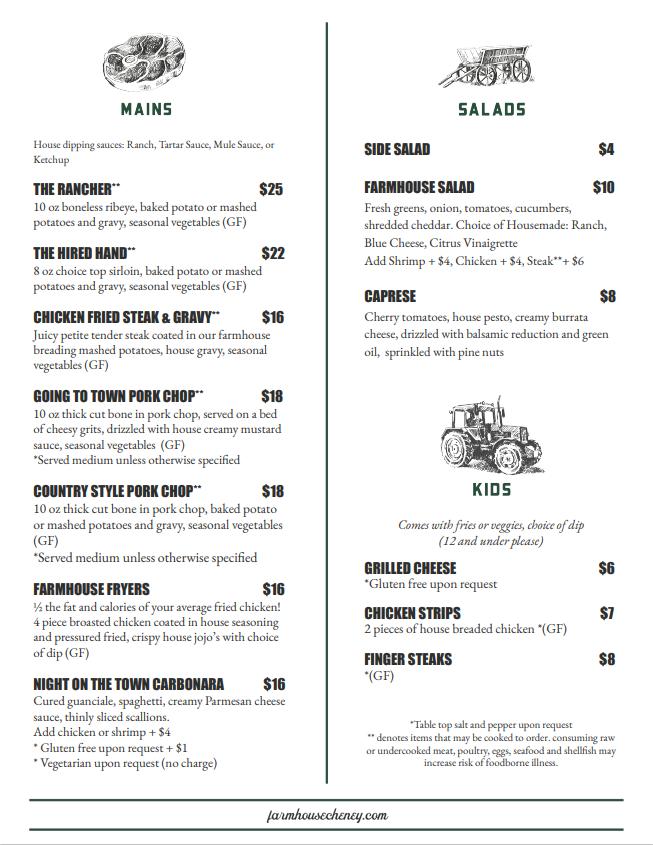 Menu at Farmhouse Cafe, Cheney