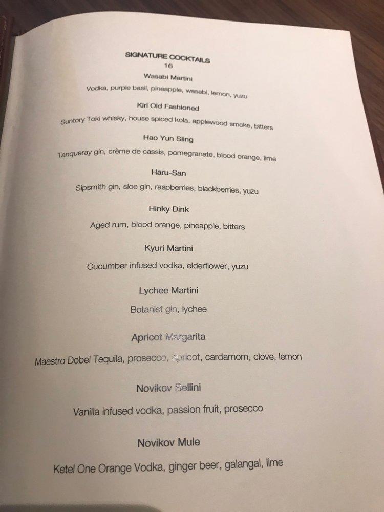 Menu at Novikov Miami restaurant, Miami